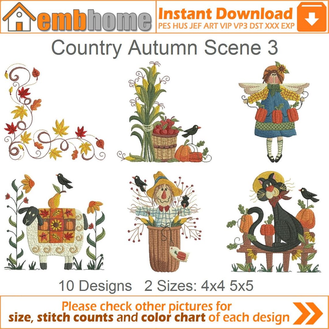 Country Autumn Scene Machine Embroidery Designs Instant Download 4x4 ...