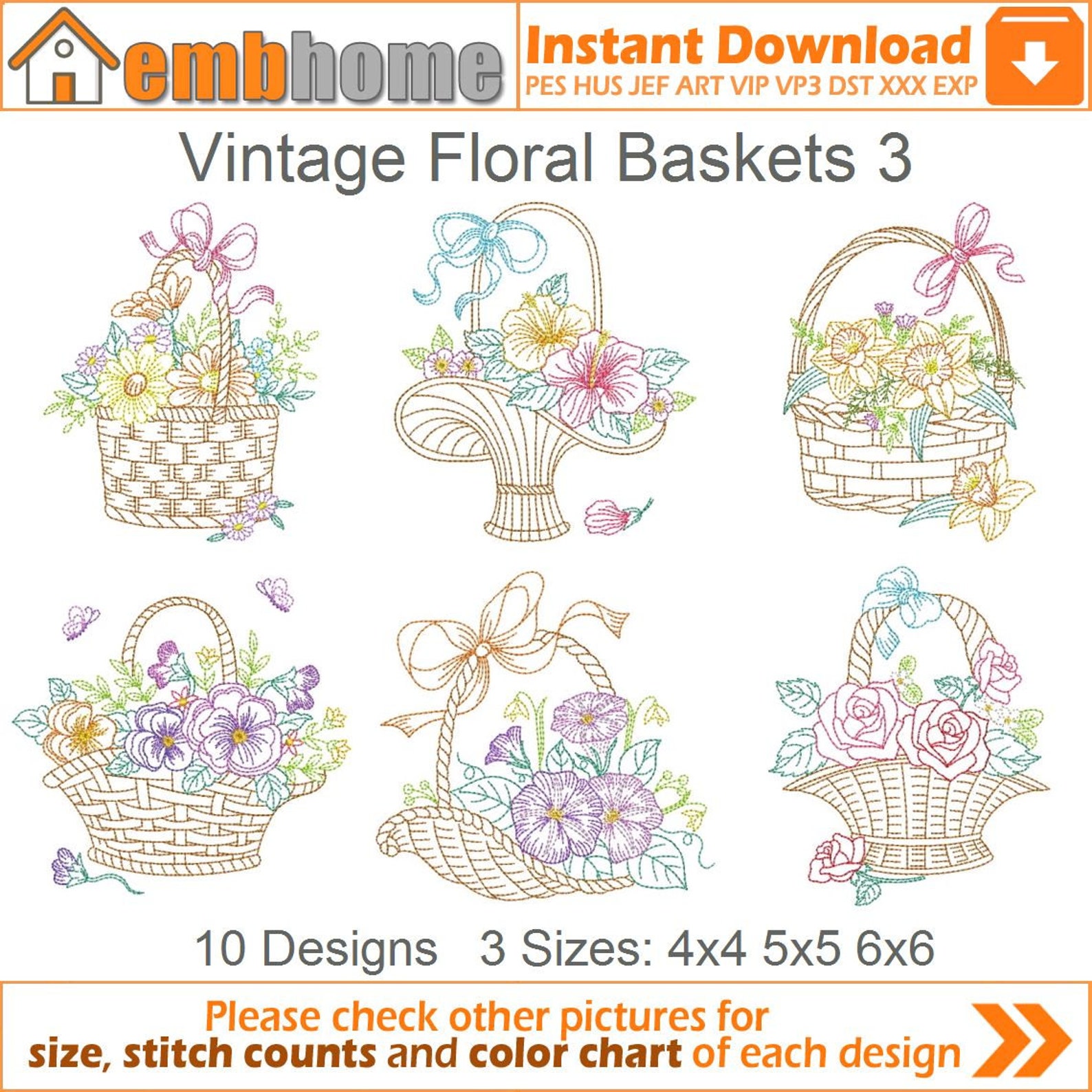 Vintage Floral Baskets Machine Embroidery Designs Pack Instant - Etsy