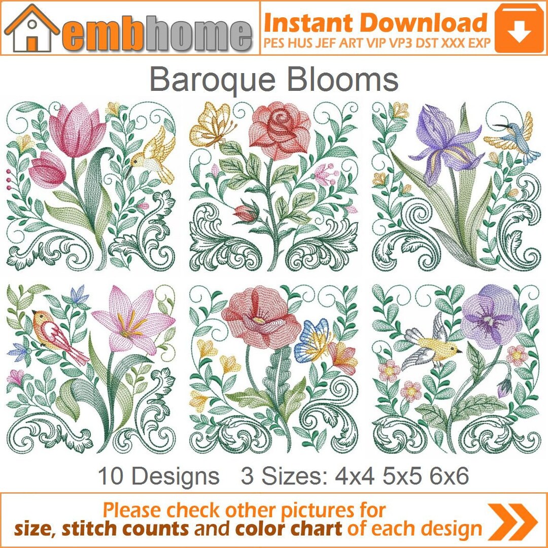 Baroque Blooms Machine Embroidery Designs Instant Download 4x4 5x5 6x6 ...