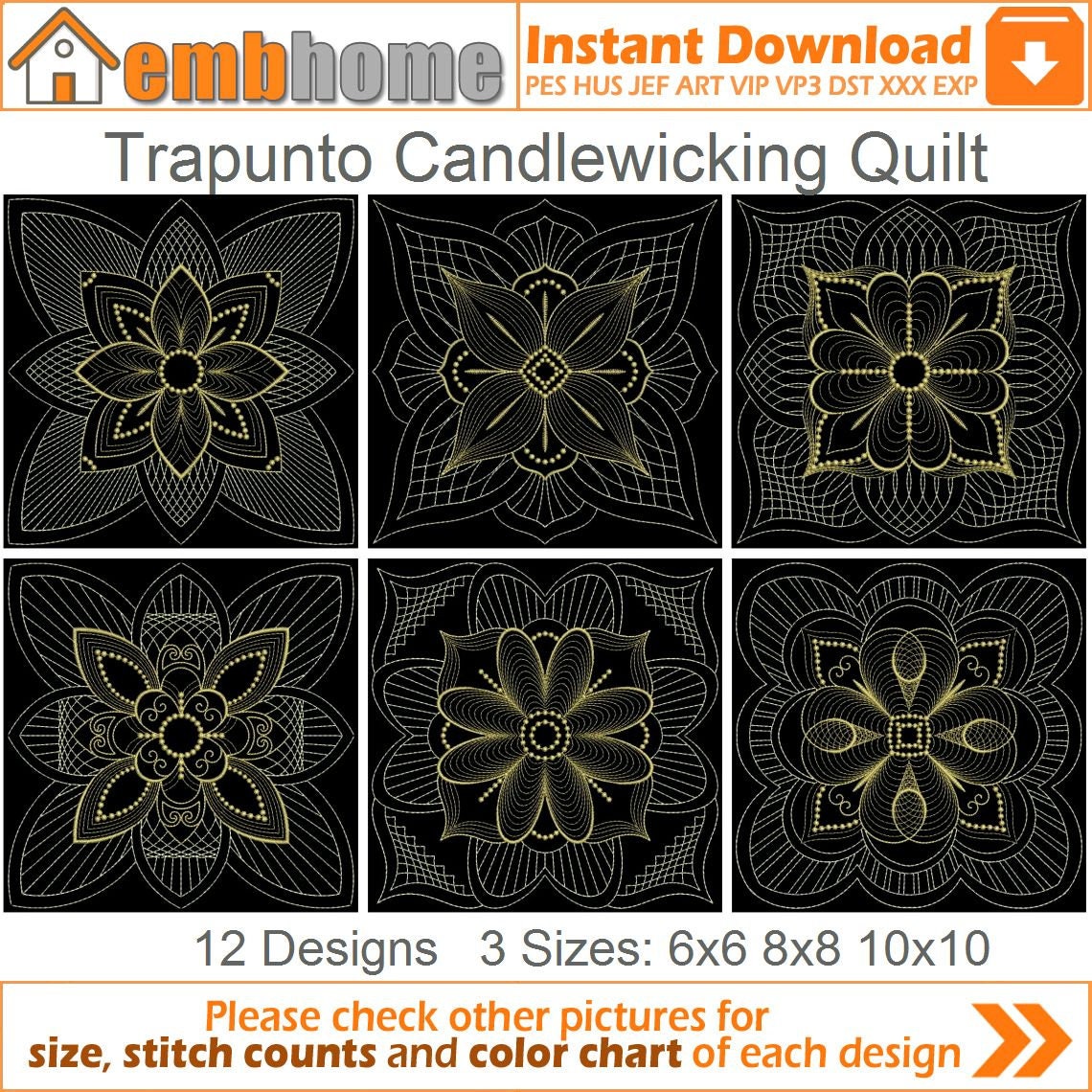 Trapunto Candlewicking Quilt Machine Embroidery Designs Pack Instant ...