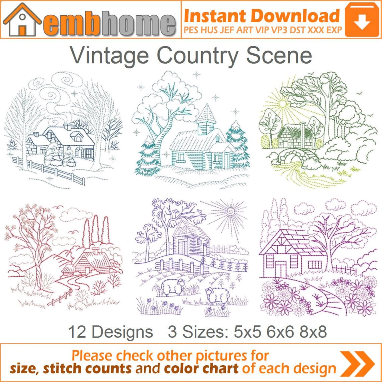 Vintage Country Scene Machine Embroidery Designs Instant - Etsy
