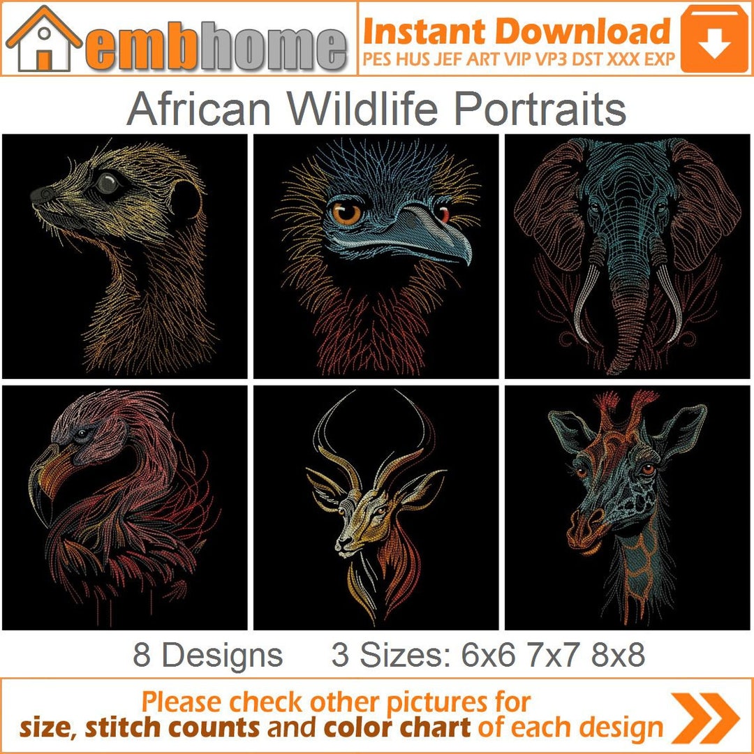 African Wildlife Portraits Machine Embroidery Designs Instant Download ...