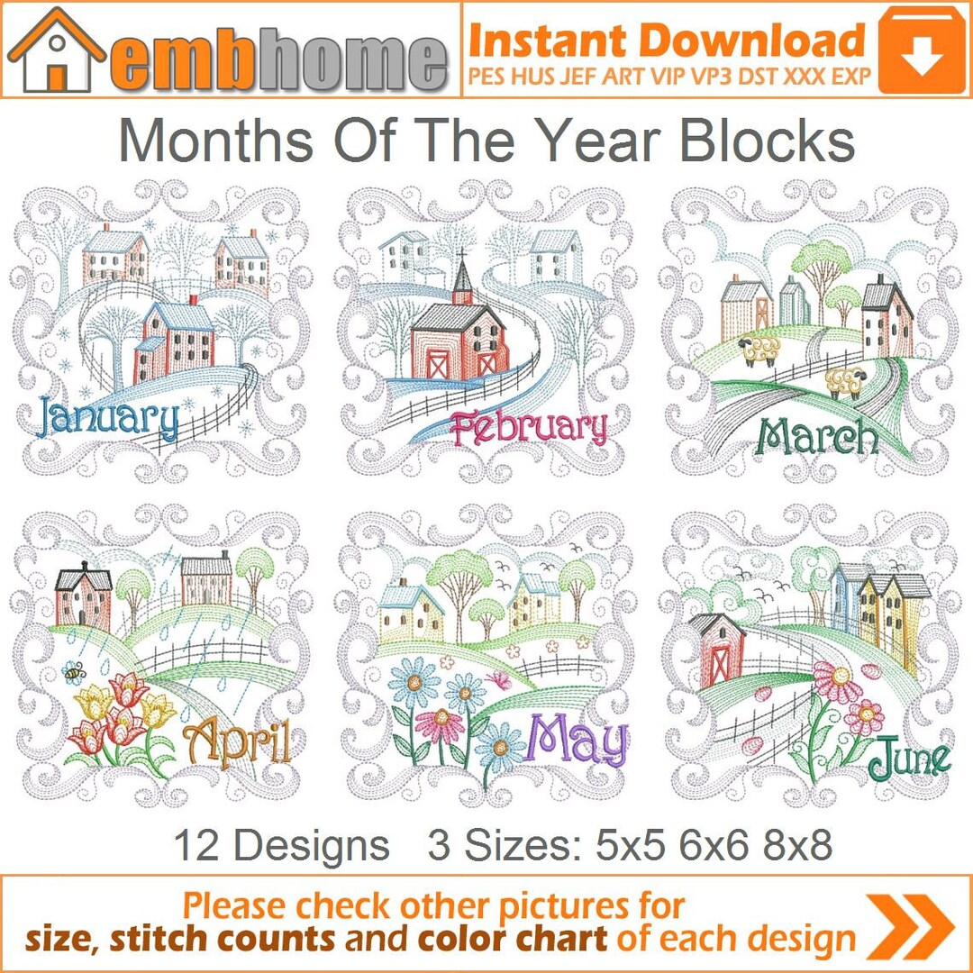 Months of the Year Blocks Machine Embroidery Designs Instant Download ...