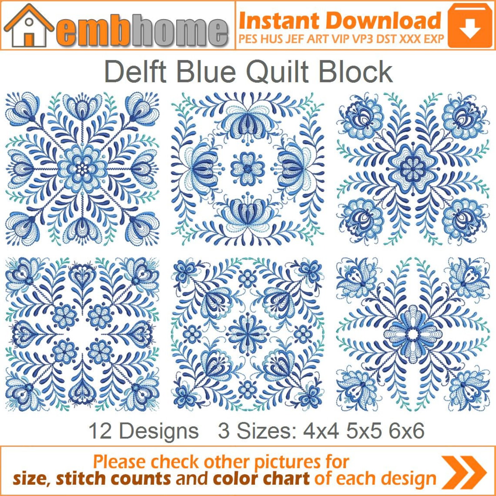 Delft Blue Quilt Block Machine Embroidery Designs Pack Instant - Etsy