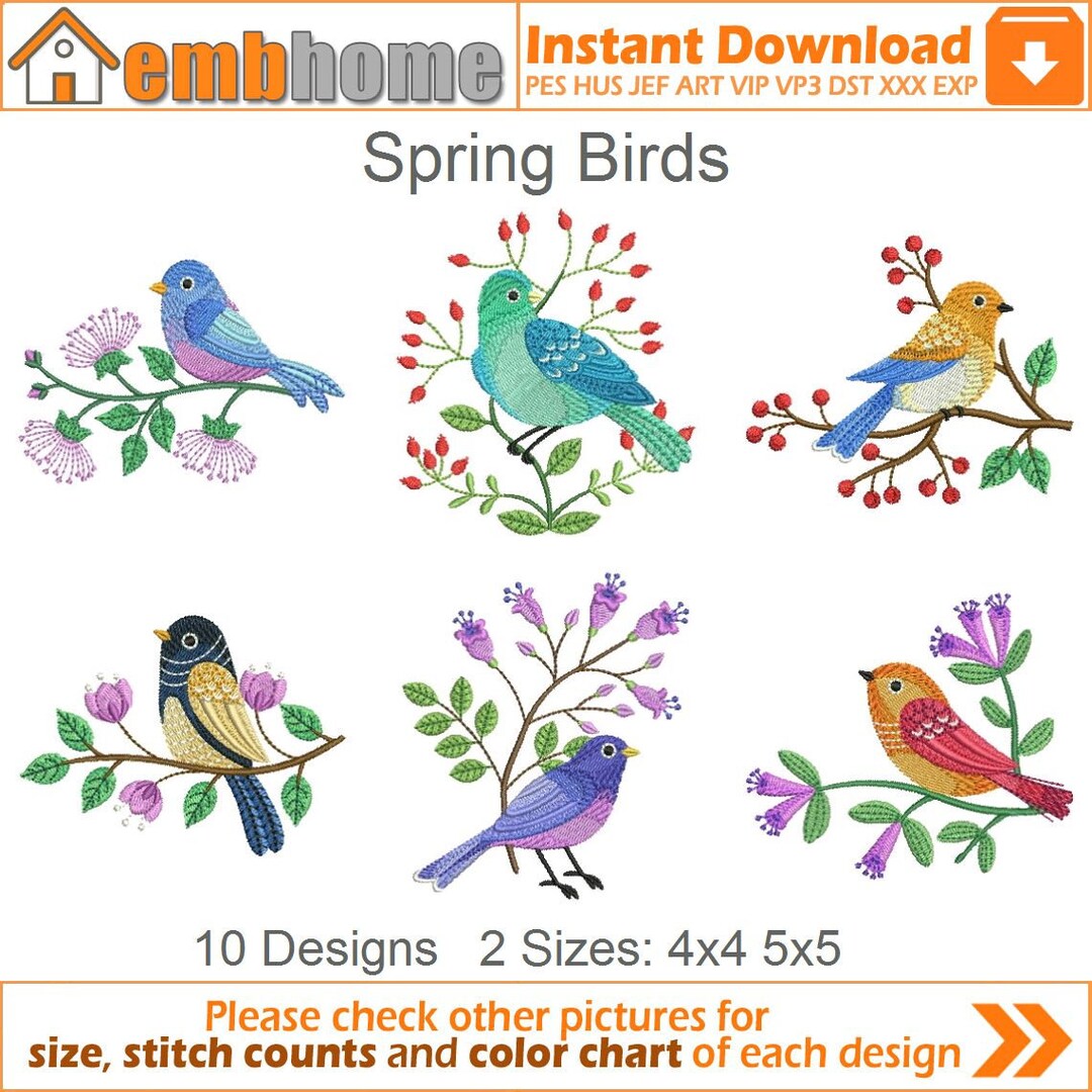 Spring Birds Machine Embroidery Designs Pack Instant Download 4x4 5x5 ...