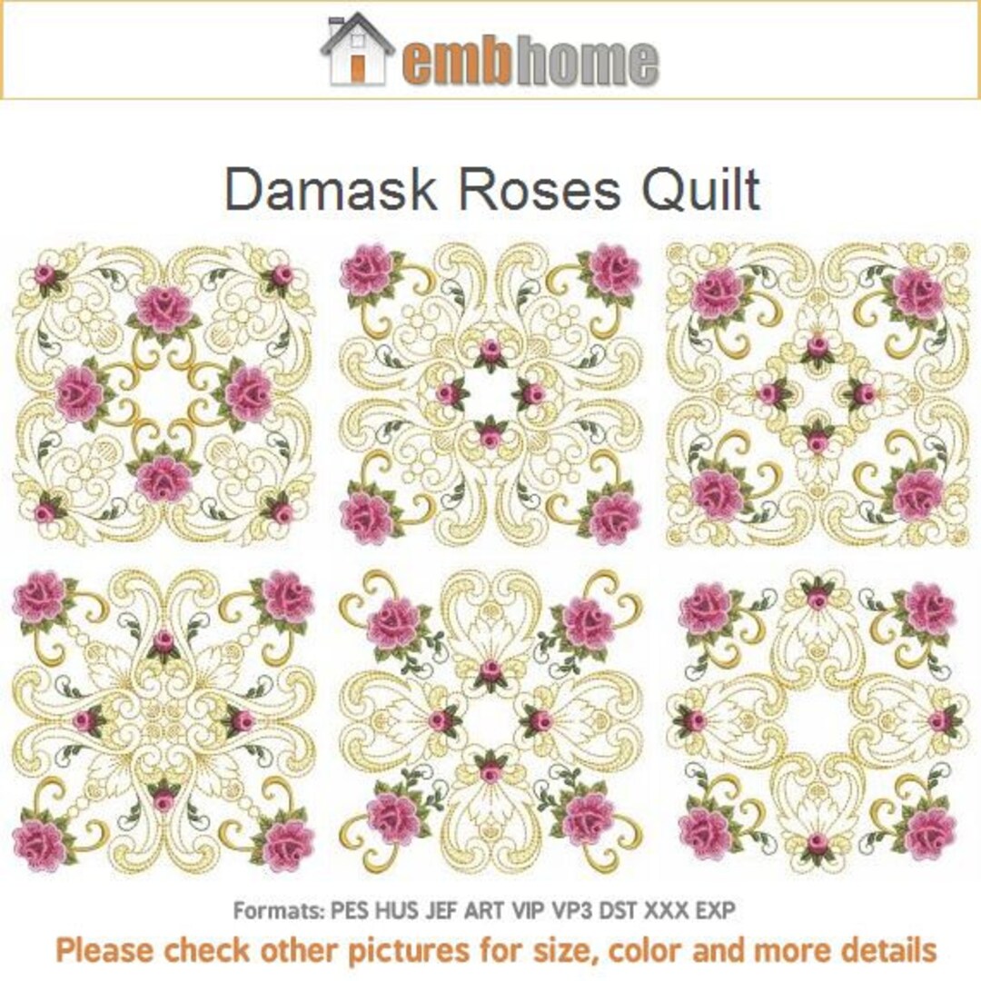Damask Roses Quilt Machine Embroidery Designs Pack Instant - Etsy