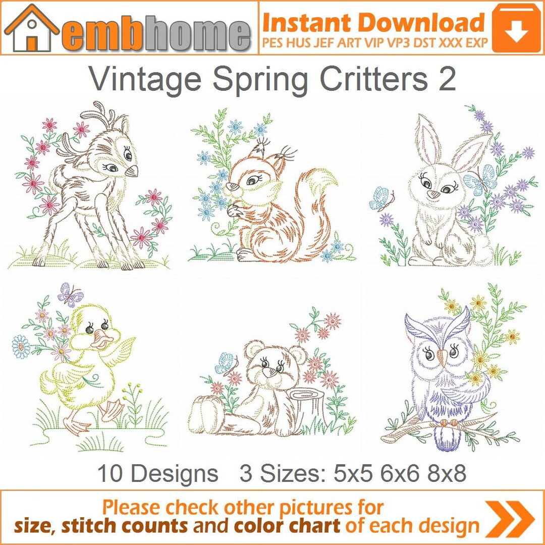 Vintage Spring Critters Machine Embroidery Designs Instant Download 5x5 ...
