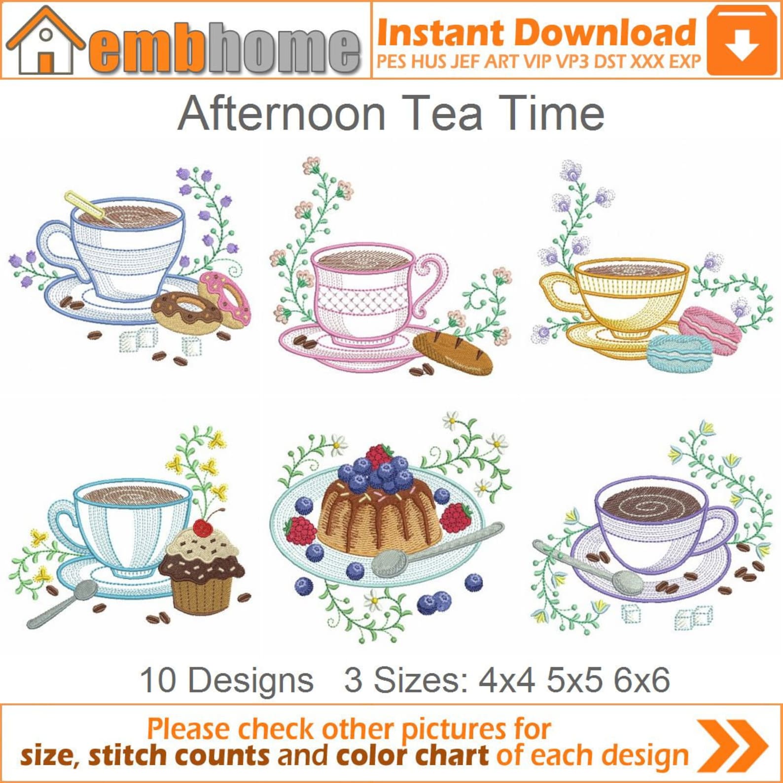 Afternoon Tea Time Machine Embroidery Designs Pack Instant Download 4x4 ...