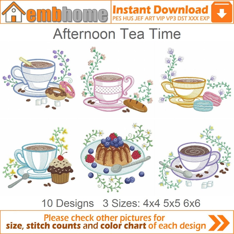 Afternoon Tea Time Machine Embroidery Designs Pack Instant Download 4x4 ...