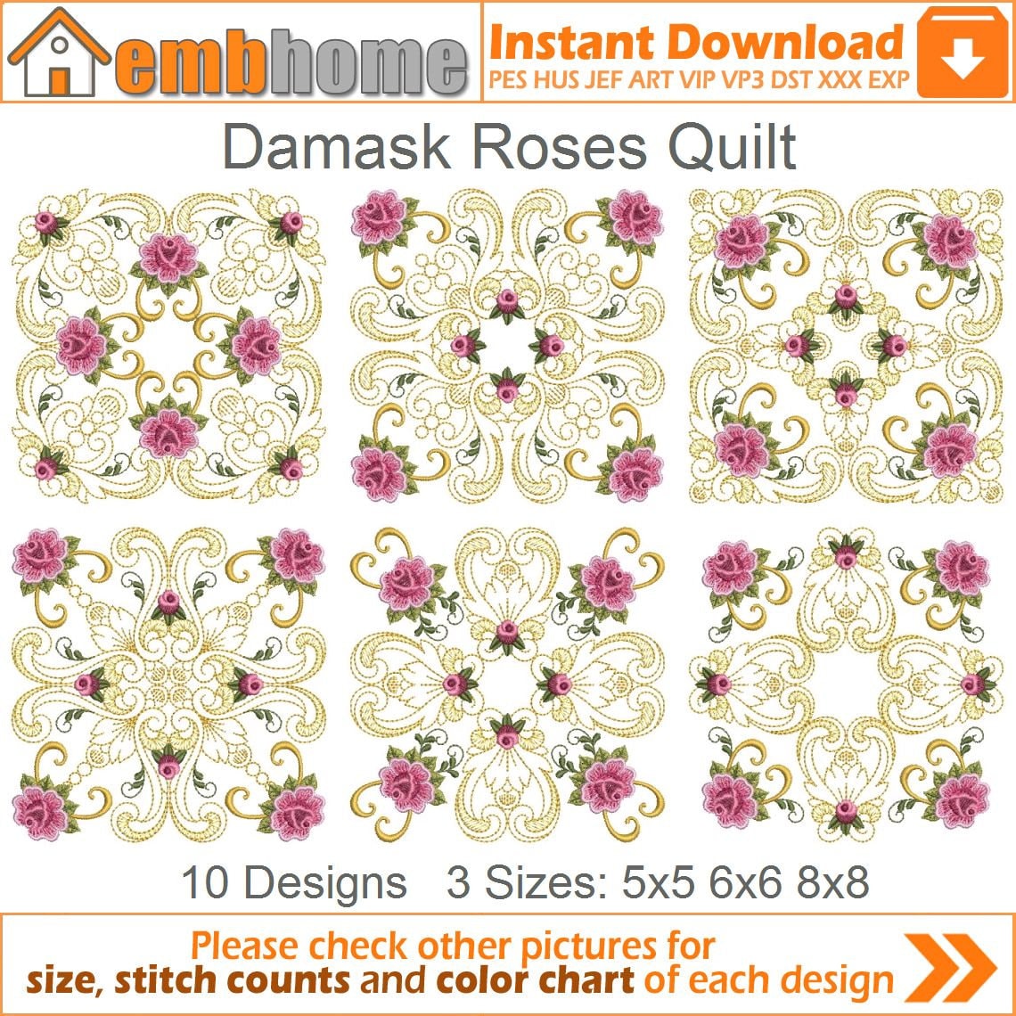 Damask Roses Quilt Machine Embroidery Designs Pack Instant Download 5x5 ...