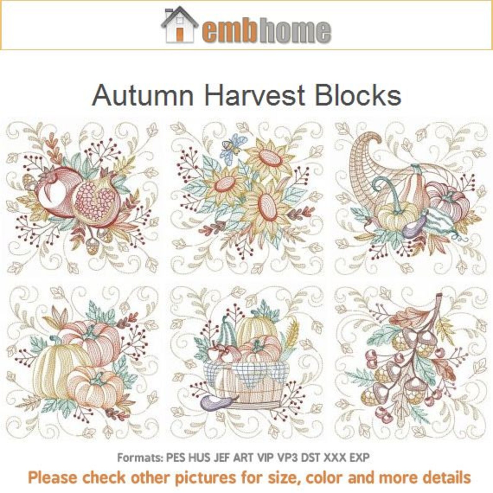 Autumn Harvest Blocks Machine Embroidery Designs Pack Instant - Etsy