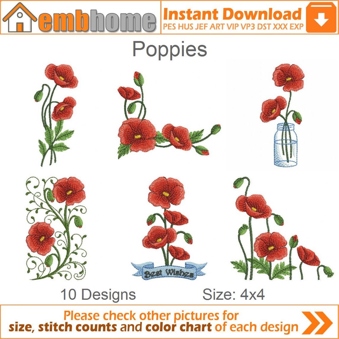 Poppies Machine Embroidery Designs Pack Instant Download 4x4 Hoop 10 ...