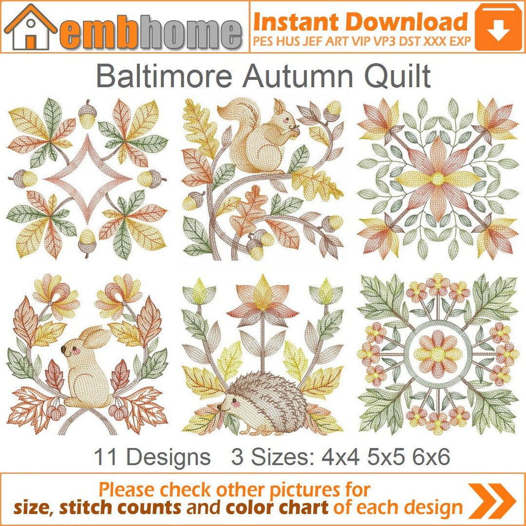Baltimore Autumn Quilt Machine Embroidery Designs Instant Download 4x4 ...