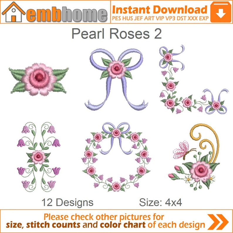 Pearl Roses Floral Machine Embroidery Designs Pack Instant - Etsy