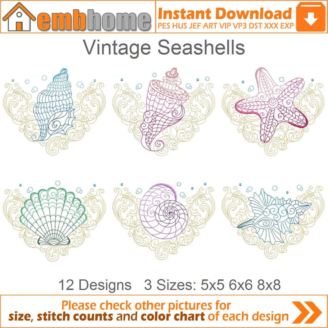Vintage Seashells Machine Embroidery Designs Instant Download 5x5 6x6 ...