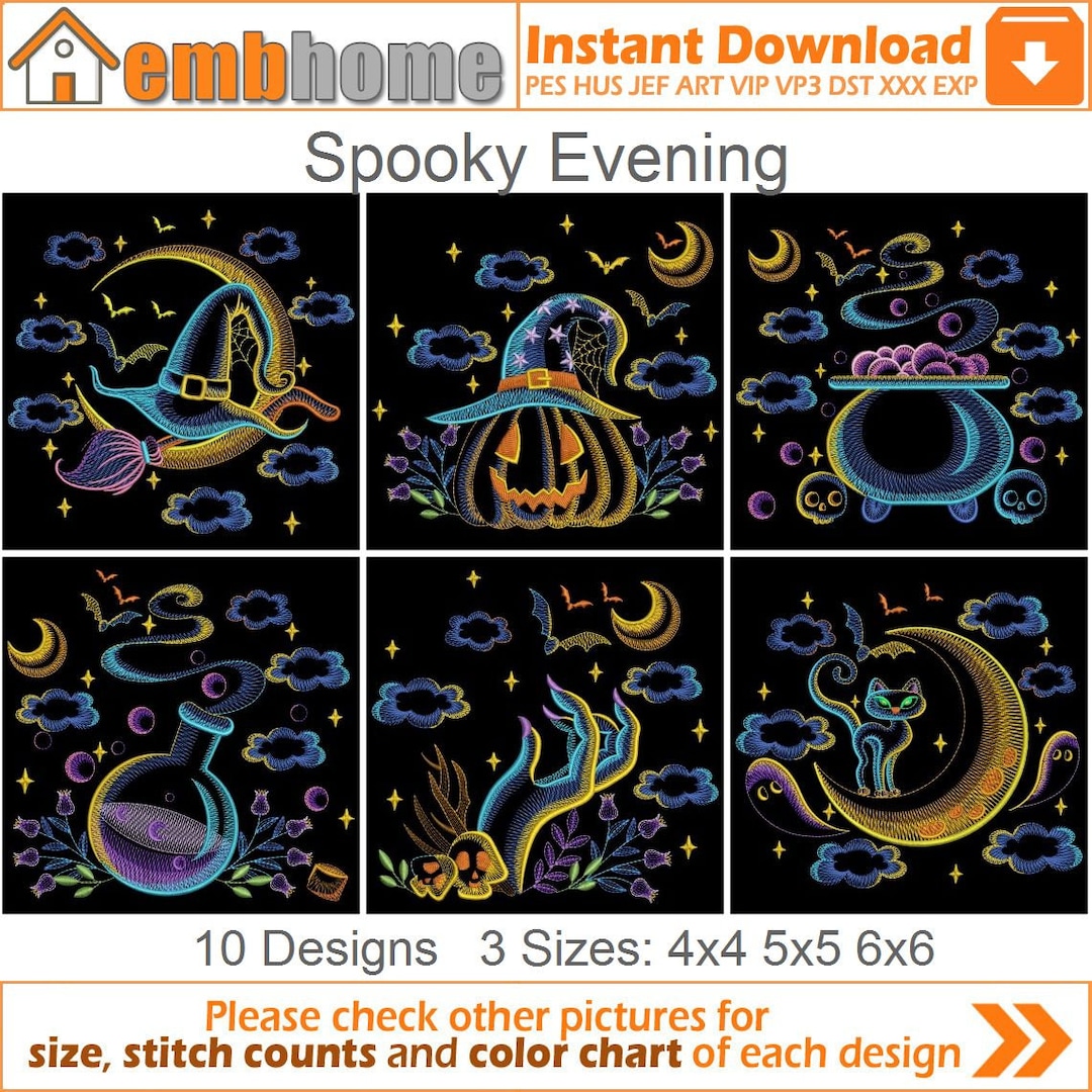 Spooky Evening Machine Embroidery Designs Instant Download 4x4 5x5 6x6 ...
