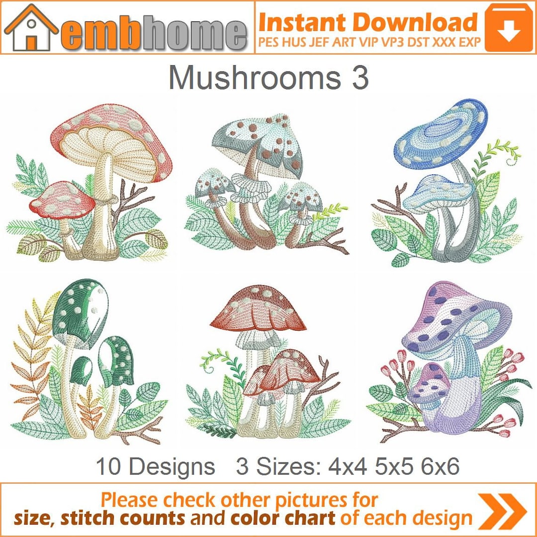 Mushrooms Embroidery Designs Instant Download 4x4 5x5 6x6 Hoop 10 ...