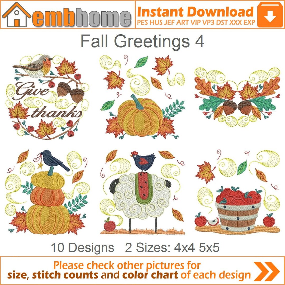 Fall Greetings Machine Embroidery Designs Instant Download 4x4 5x5 Hoop ...