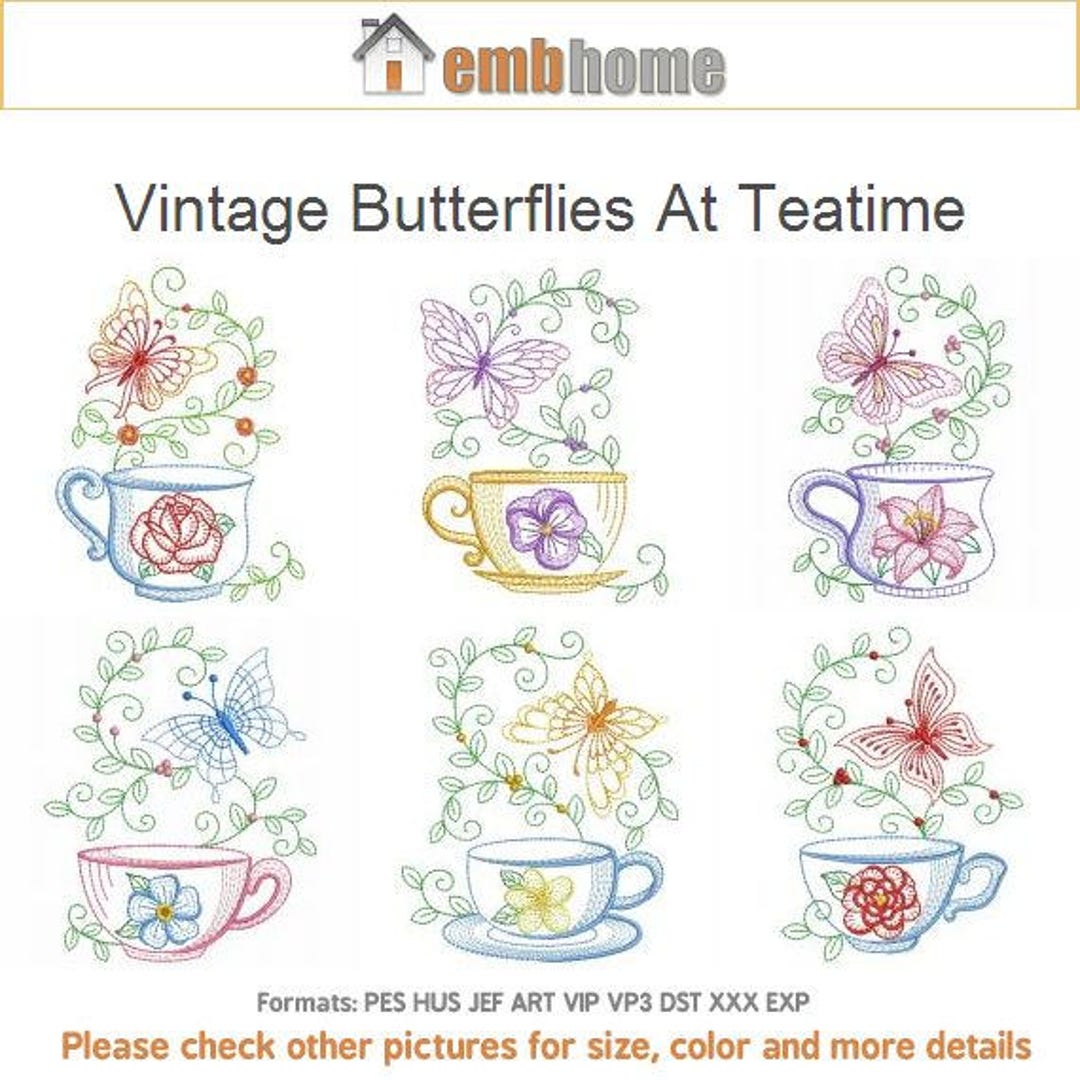 Vintage Butterflies at Teatime Embroidery Designs Instant Download 4x4 5x5 6x6 Hoop 10 Designs ...