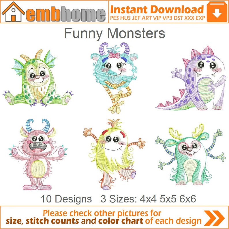 Funny Monsters Machine Embroidery Designs Instant Download 4x4 5x5 6x6 ...