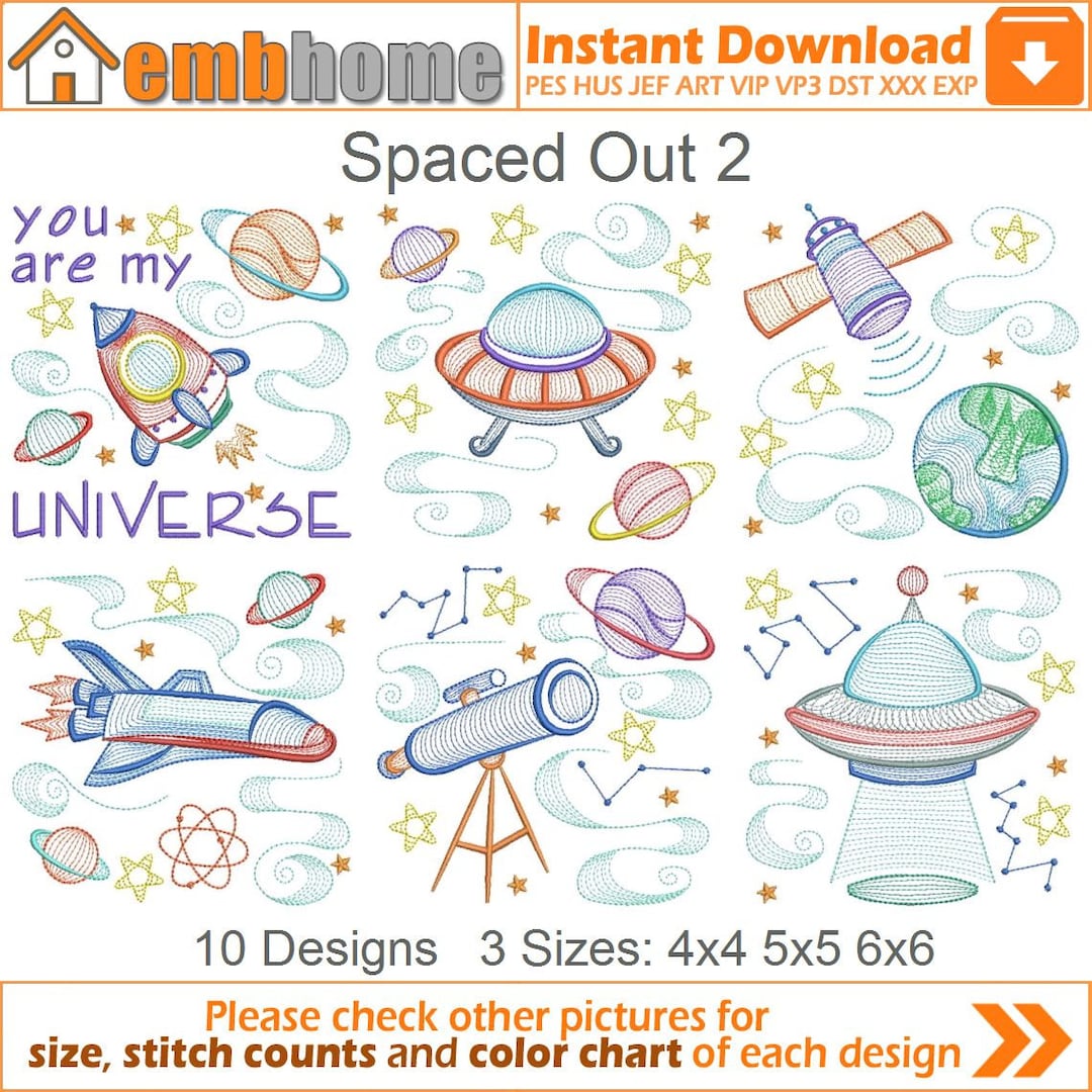 Spaced Out Machine Embroidery Designs Instant Download 4x4 5x5 6x6 Hoop ...