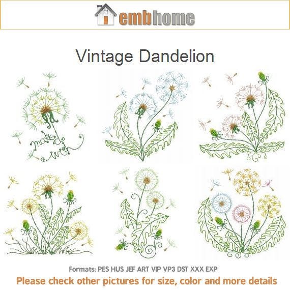 Vintage Dandelion Embroidery Designs Instant Download 4x4 5x5 - Etsy