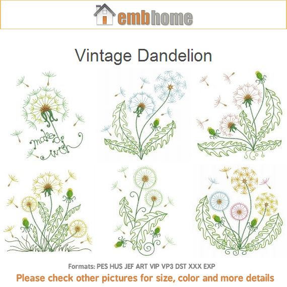 Vintage Dandelion Embroidery Designs Instant Download 4x4 5x5 - Etsy