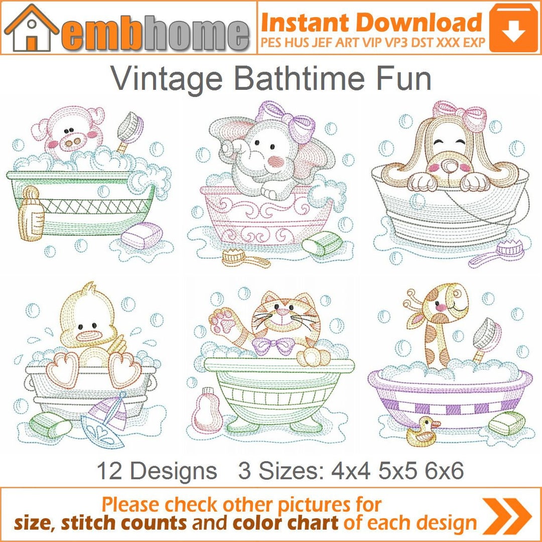 Vintage Bathtime Fun Machine Embroidery Designs Pack Instant - Etsy