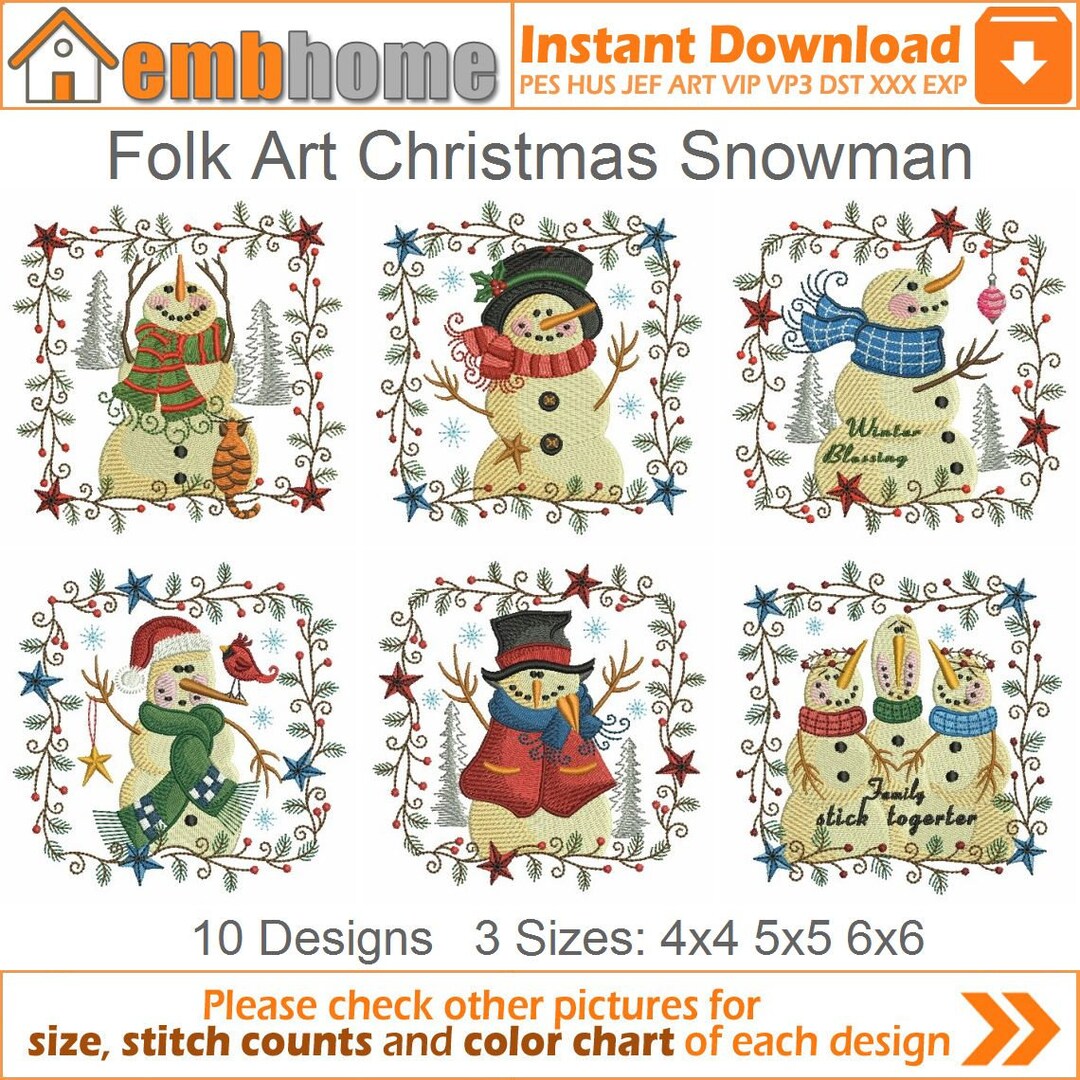 Folk Art Christmas Snowman Machine Embroidery Designs Pack Instant ...