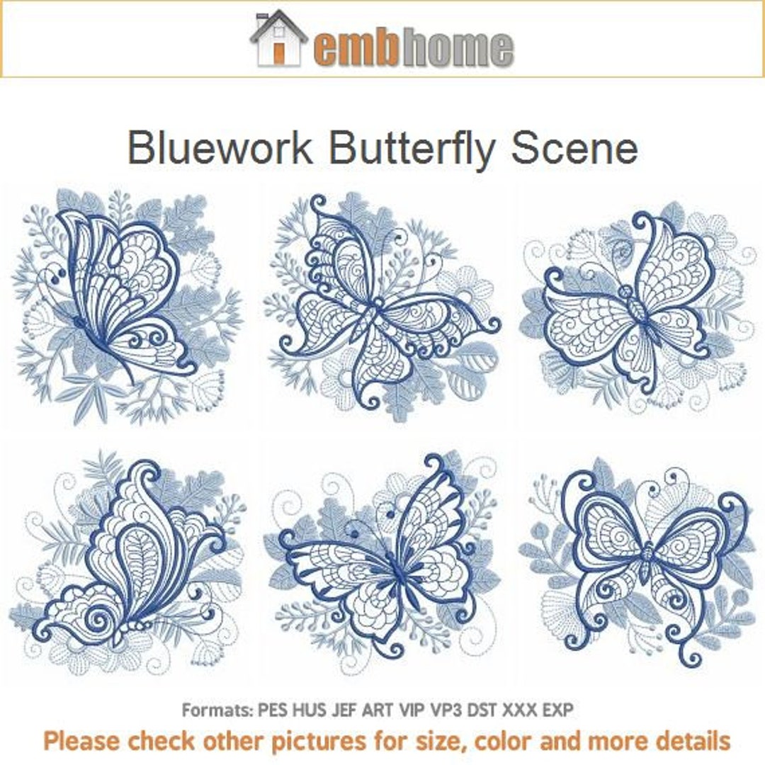 Bluework Butterfly Scene Machine Embroidery Designs Instant - Etsy