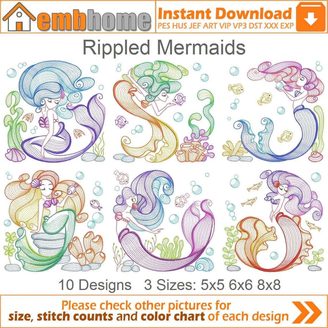 Rippled Mermaids Machine Embroidery Designs Instant Download 5x5 6x6 ...