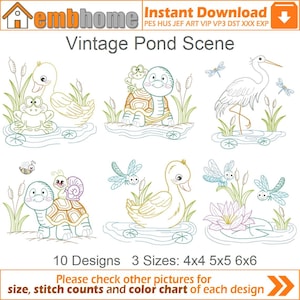 Vintage Pond Scene Machine Embroidery Designs Instant Download 4x4 5x5 ...