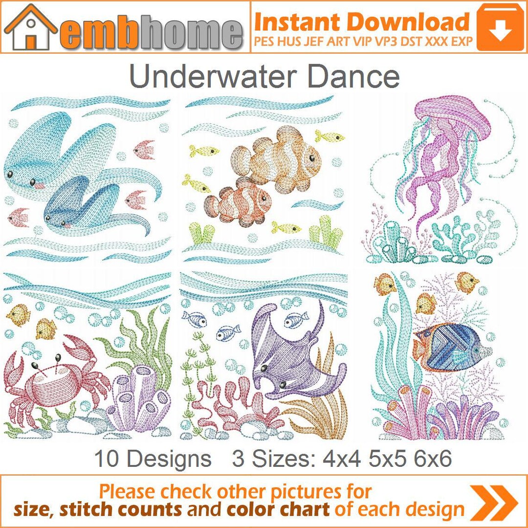 Underwater Dance Machine Embroidery Designs Pack Instant Download 4x4 ...