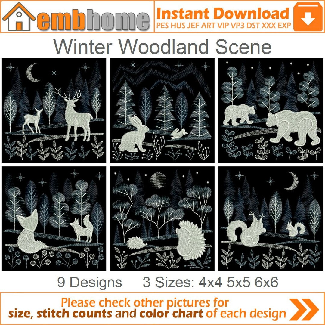 Winter Woodland Scene Machine Embroidery Designs Instant Download 4x4 ...
