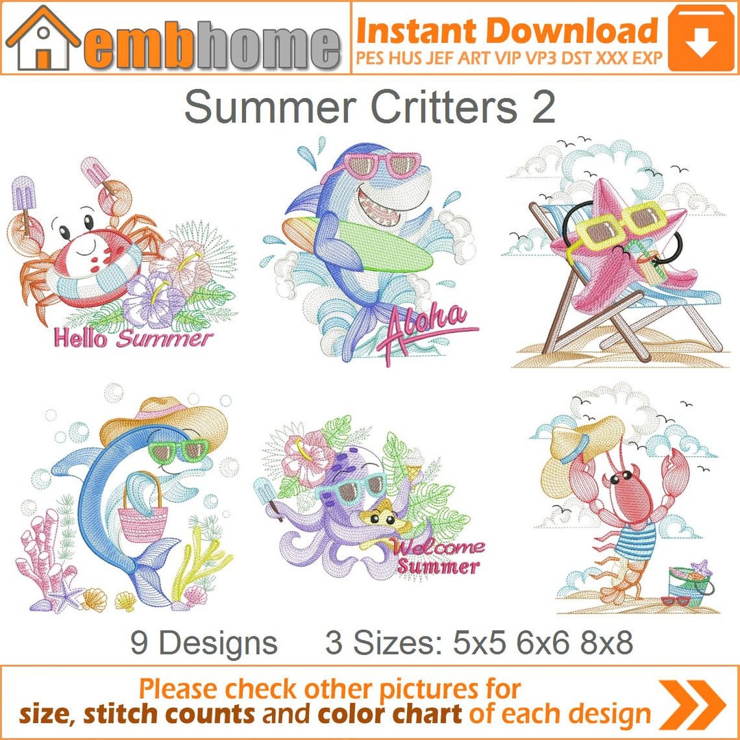 Summer Critters Embroidery Designs Instant Download 5x5 6x6 8x8 Hoop 9 ...