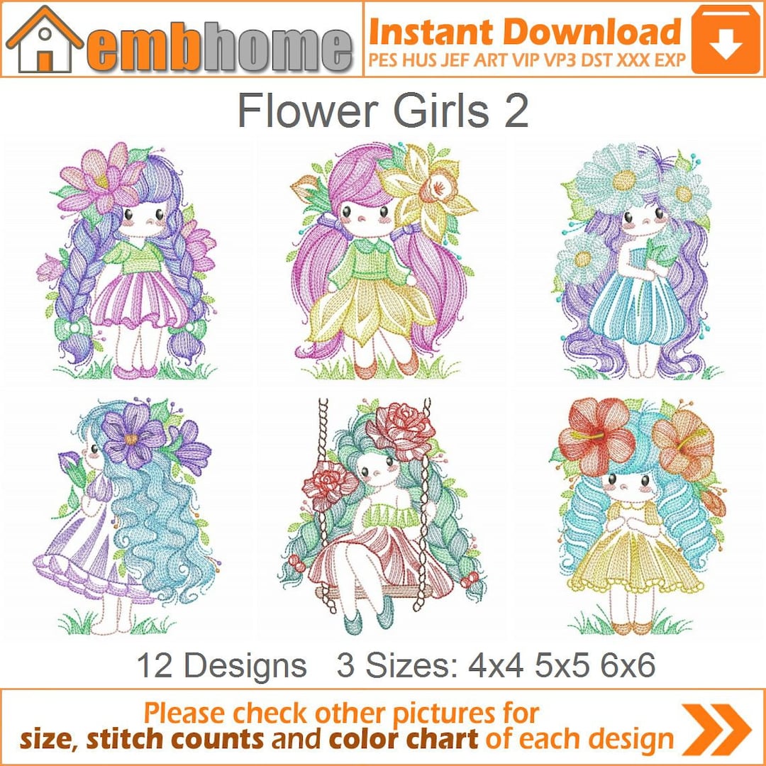 Flower Girls Machine Embroidery Designs Instant Download 4x4 5x5 6x6 ...