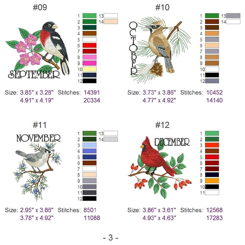 Monthly Birds Machine Embroidery Designs Instant Download 4x4 5x5 Hoop ...