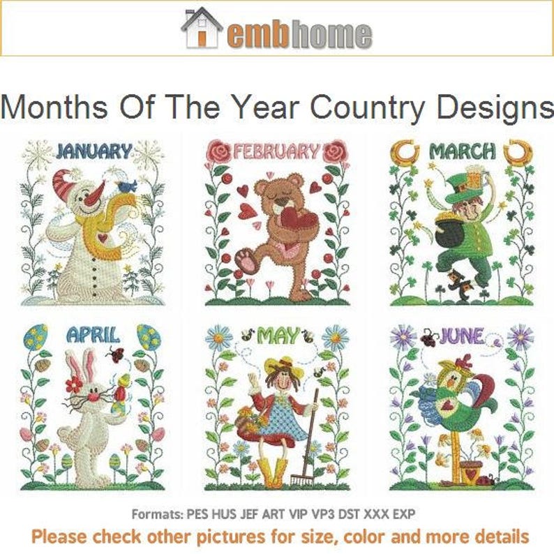 Months of the Year Country Designs Embroidery Designs Instant | Etsy