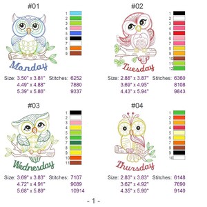 Days of the Week Owls Machine Embroidery Designs Pack Instant Download ...