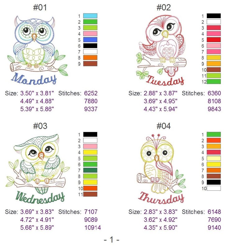 Days of the Week Owls Machine Embroidery Designs Pack Instant Download ...