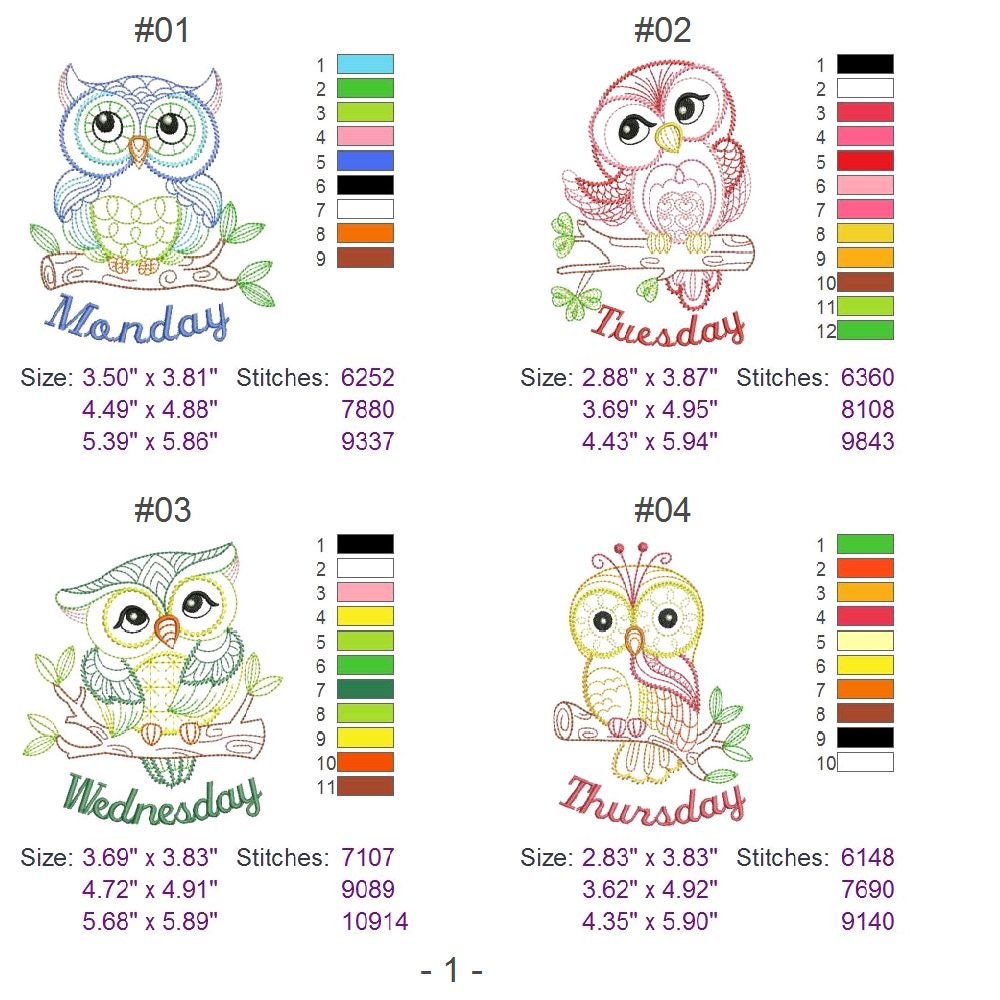 Days of the Week Owls Machine Embroidery Designs Pack Instant Download ...