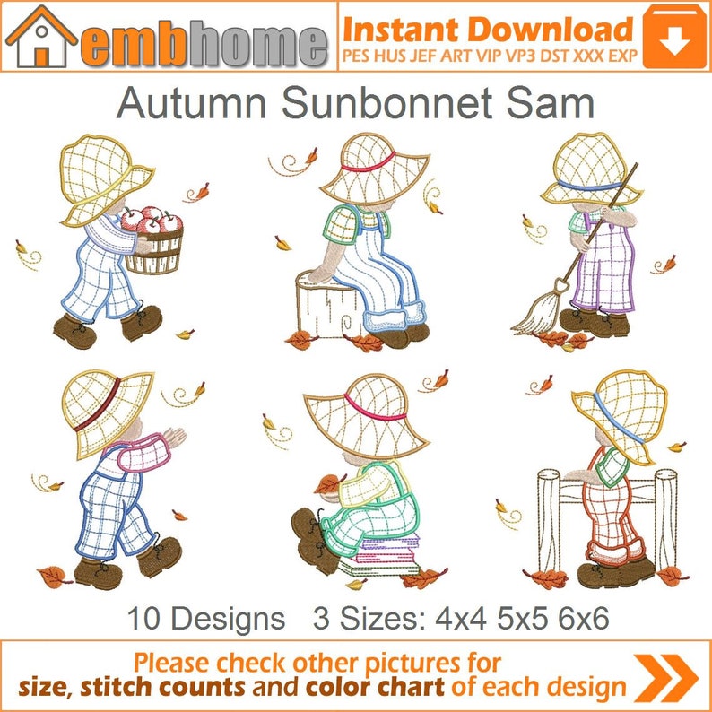 Autumn Sunbonnet Sam Machine Embroidery Designs Pack Instant - Etsy
