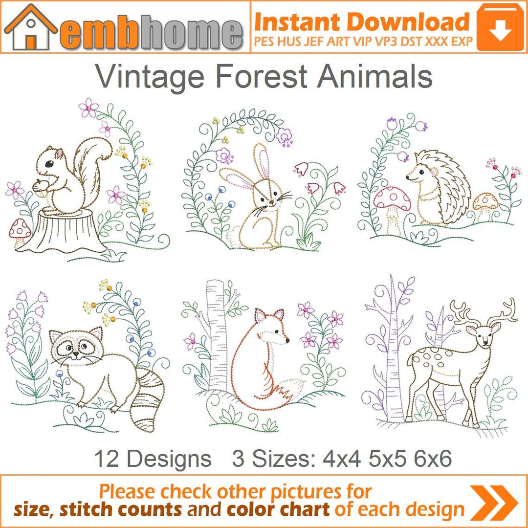 Vintage Forest Animals Machine Embroidery Designs Instant Download 4x4 ...