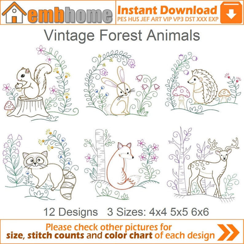 Vintage Forest Animals Machine Embroidery Designs Instant Download 4x4 ...