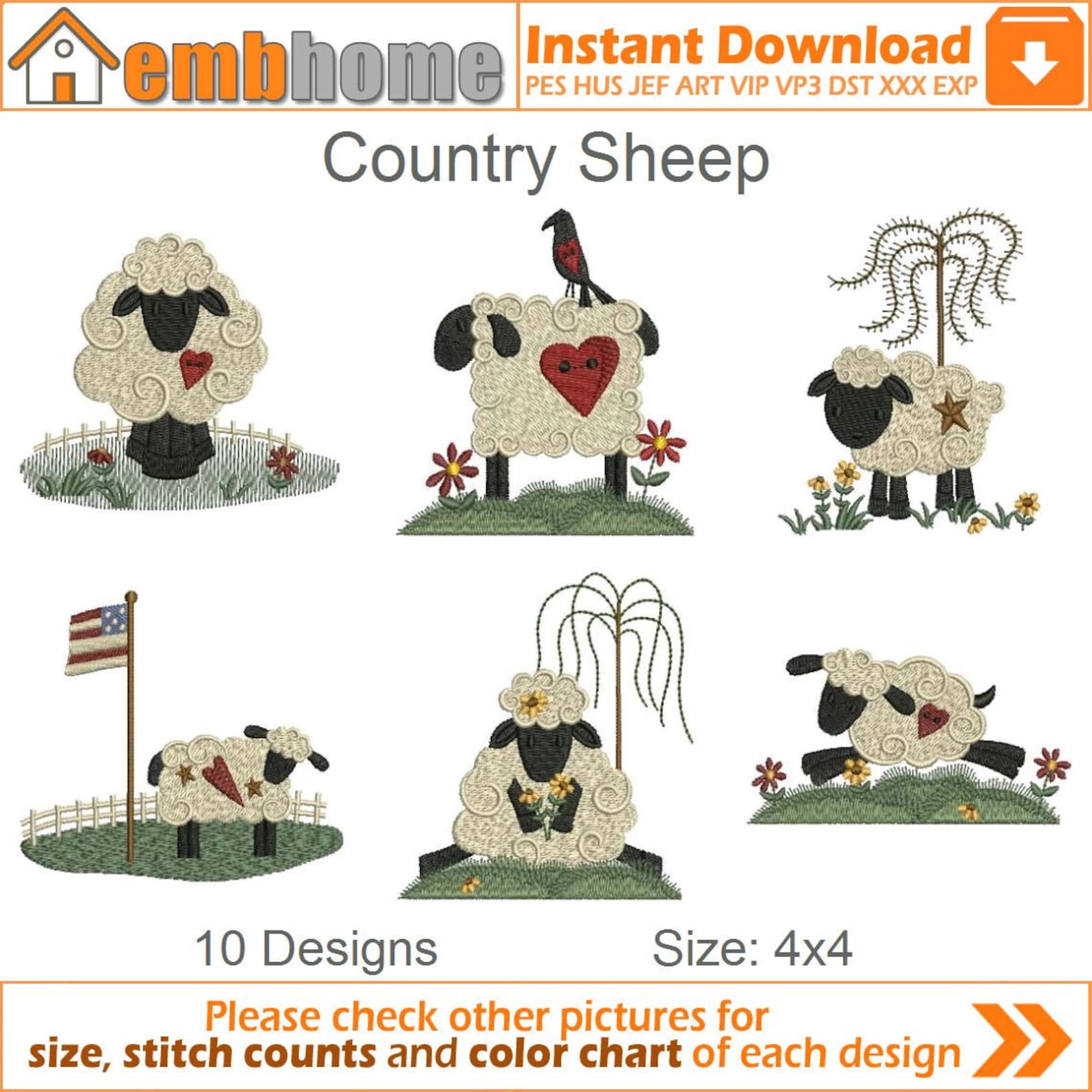 Country Sheep Machine Embroidery Designs Instant Download 4x4 Hoop 10 ...