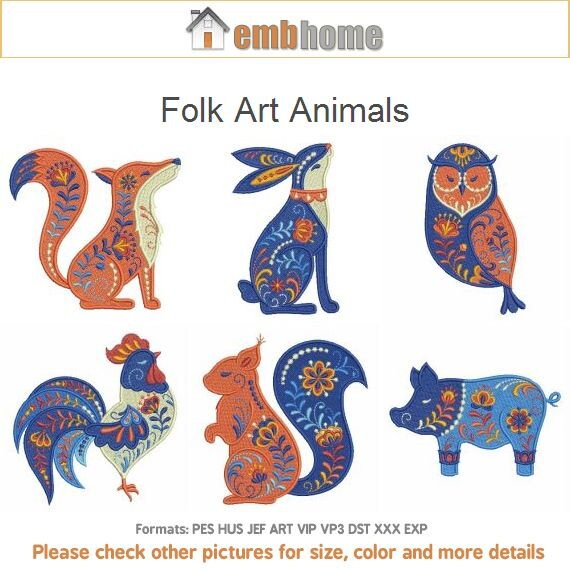 Folk Art Animals Machine Embroidery Designs Pack Instant | Etsy