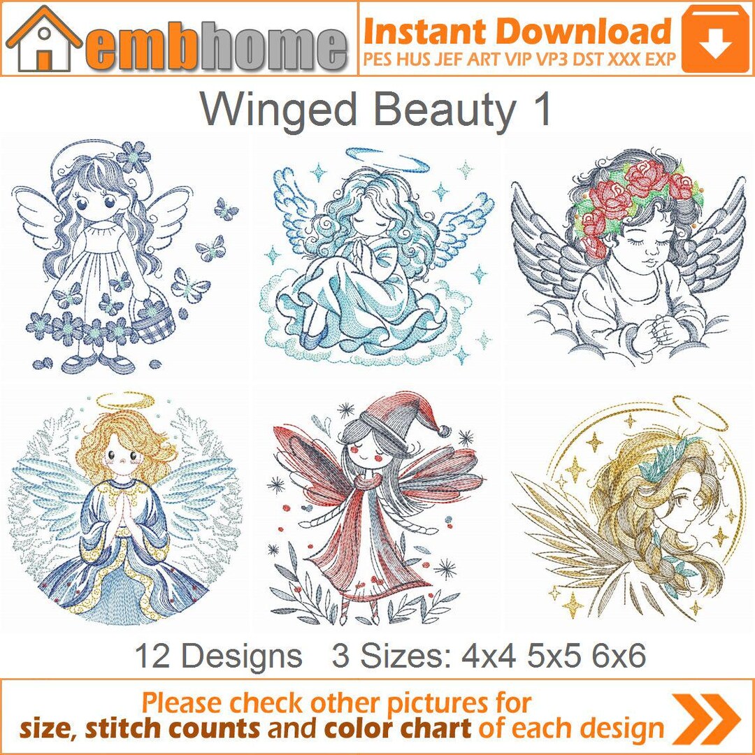 Winged Beauty Machine Embroidery Designs Pack Instant Download 4x4 5x5 ...