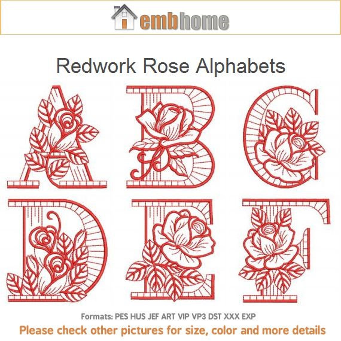 Redwork Rose Alphabet Upper Case Letters Machine Embroidery | Etsy