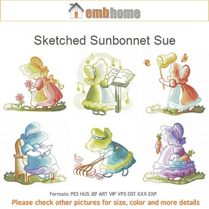 Sketched Sunbonnet Sue Girl Machine Embroidery Designs Instant Download ...
