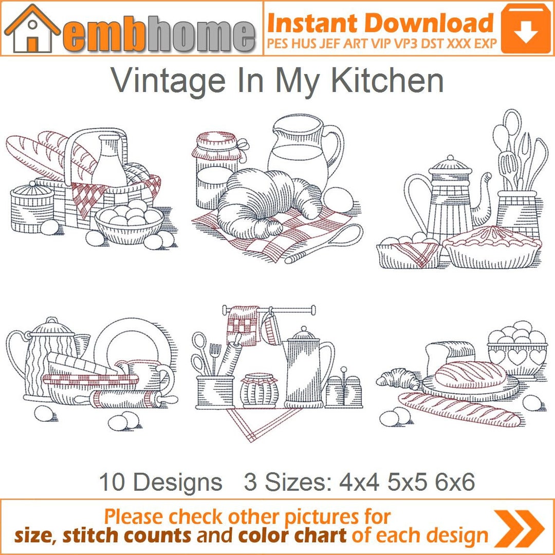 Vintage in My Kitchen Machine Embroidery Designs Pack Instant Download ...